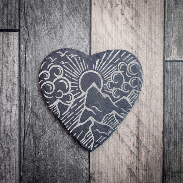 Mountain Sunrise Heart Shaped Riven Slate Coaster - EllieBeanPrints