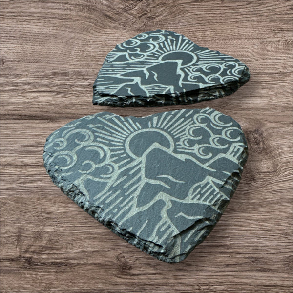 Mountain Sunrise Heart Shaped Riven Slate Coaster - EllieBeanPrints